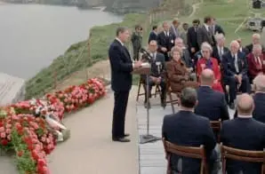 Photograph of President Reagan giving a speech on the 40th Anniversary ...