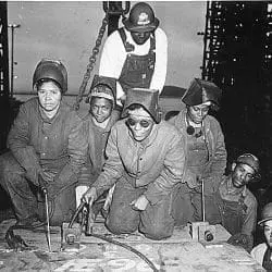 Welders Alivia Scott, Hattie Carpenter, and Flossie Burtos await an ...