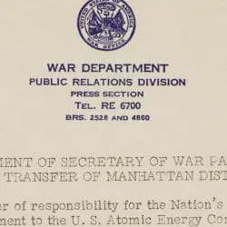 War Department Press Release Announcing the Transfer of the Atomic ...