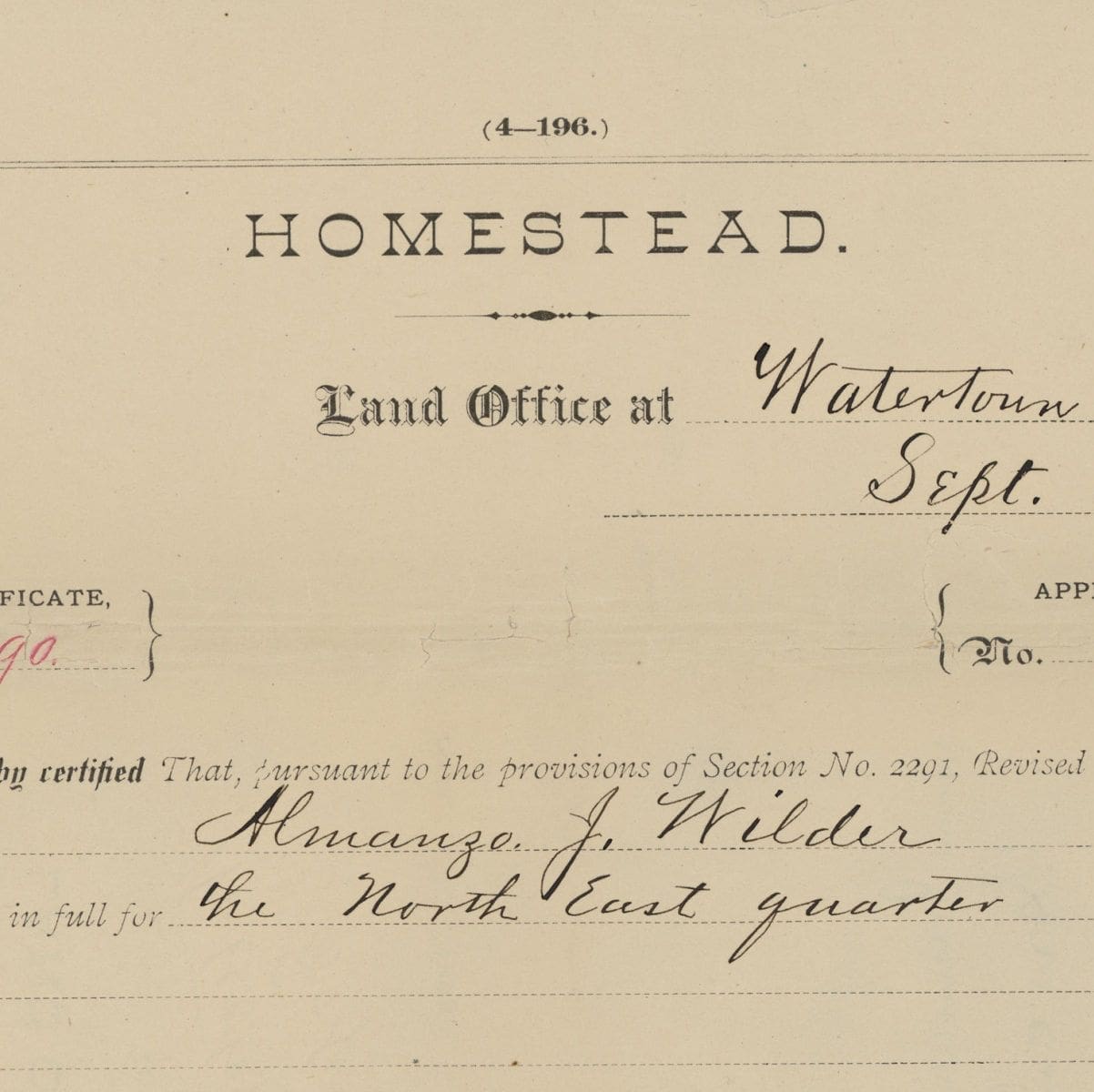 Final Homestead Certificate for Almanzo Wilder - DocsTeach