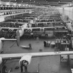 Looking up one of the assembly lines at Ford's big Willow Run plant ...