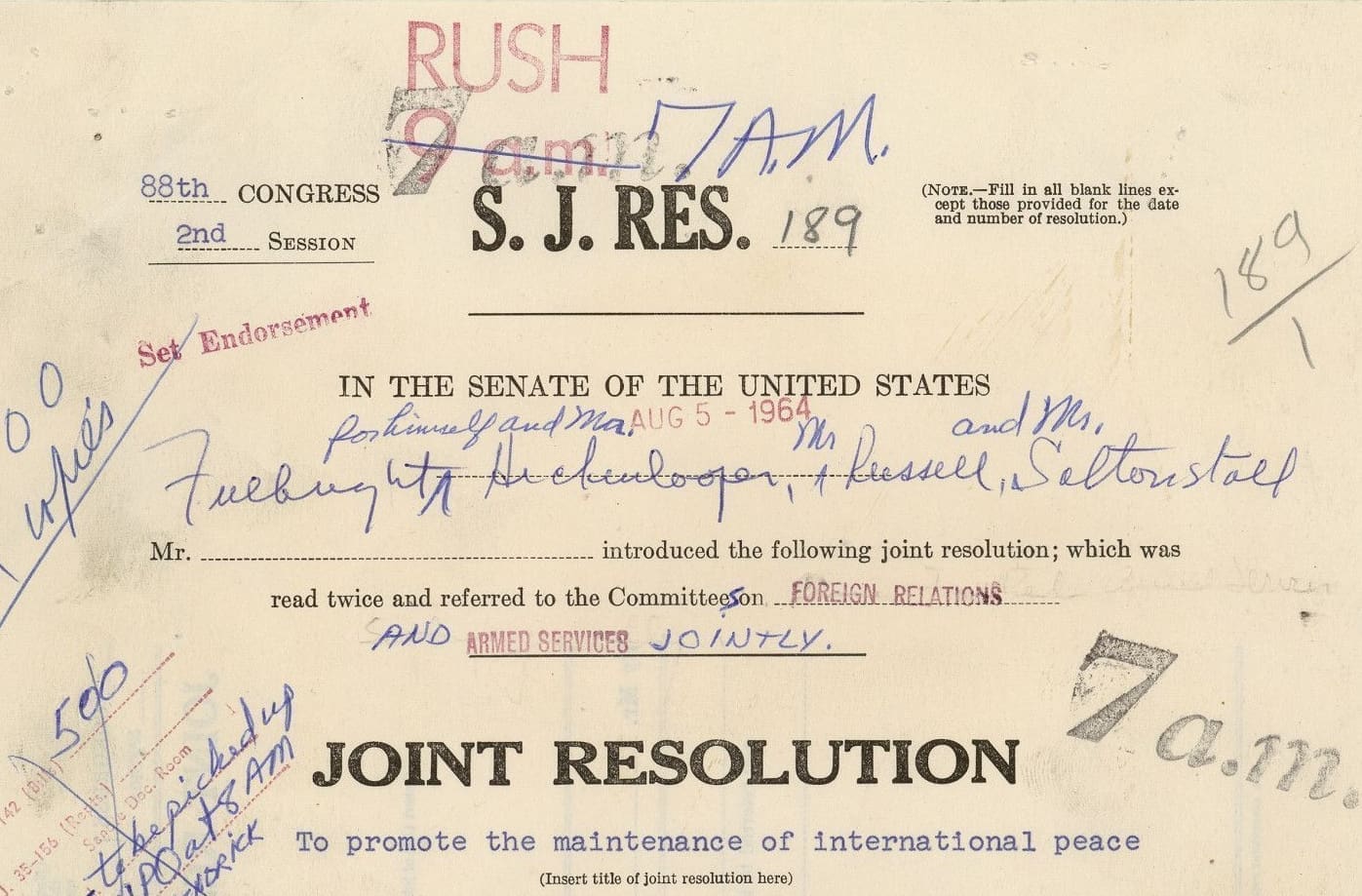 Gulf of Tonkin Resolution, as Introduced, S.J. Res. 189 - DocsTeach