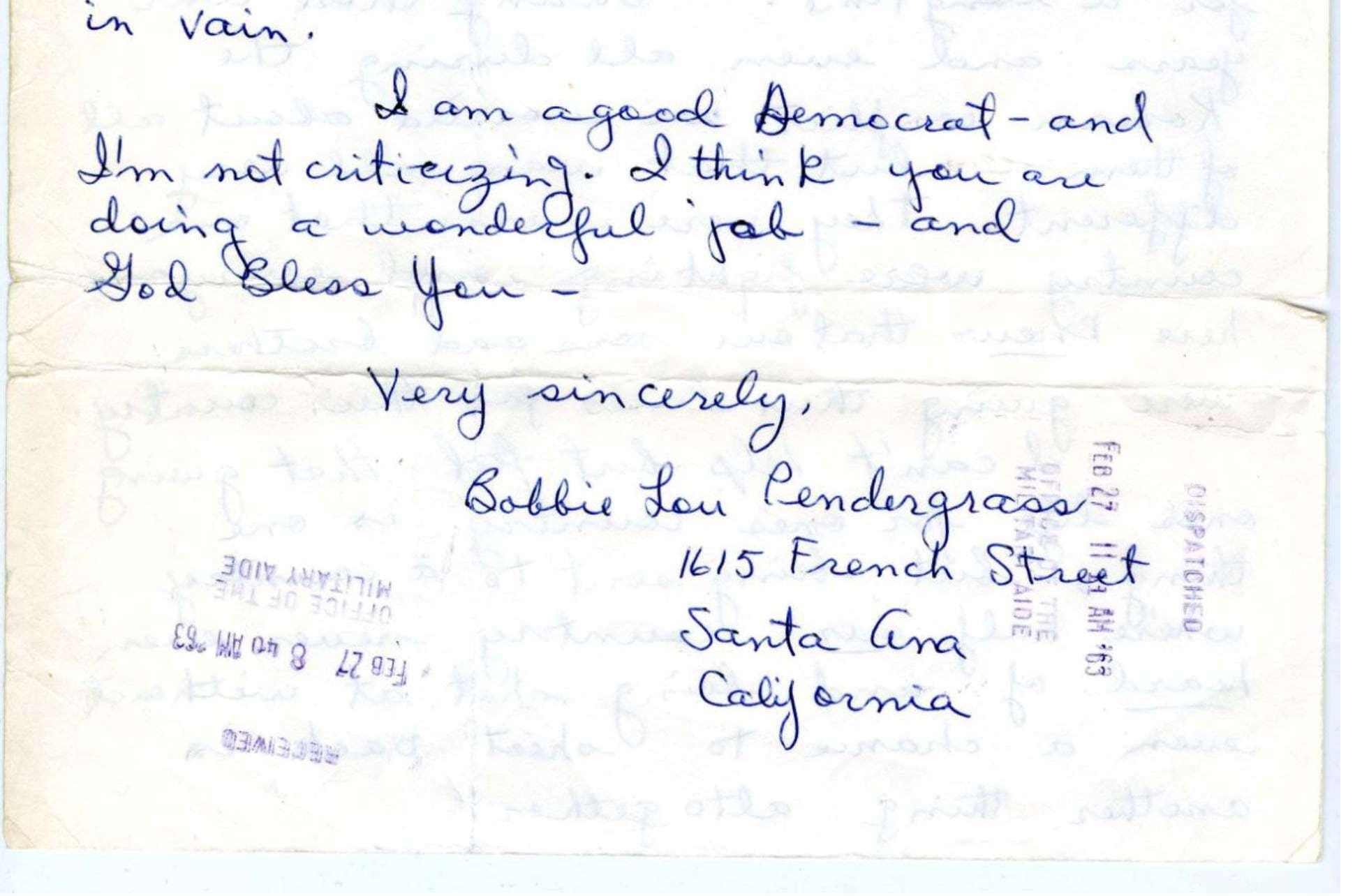 Bobbie Lou Pendergrass Letter (handwritten) to President Kennedy ...