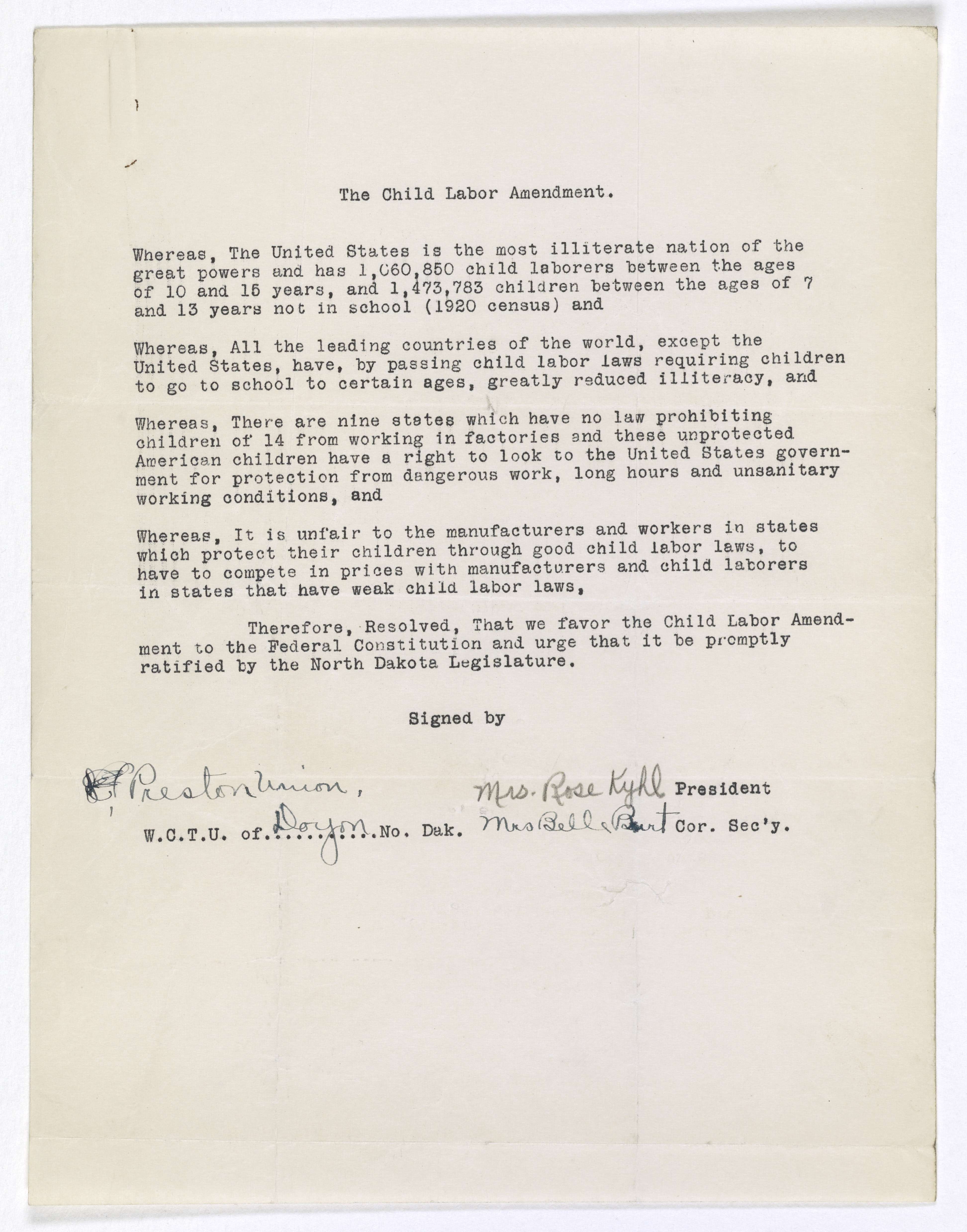 Resolution of the Women's Christian Temperance Union from Doyon, North ...