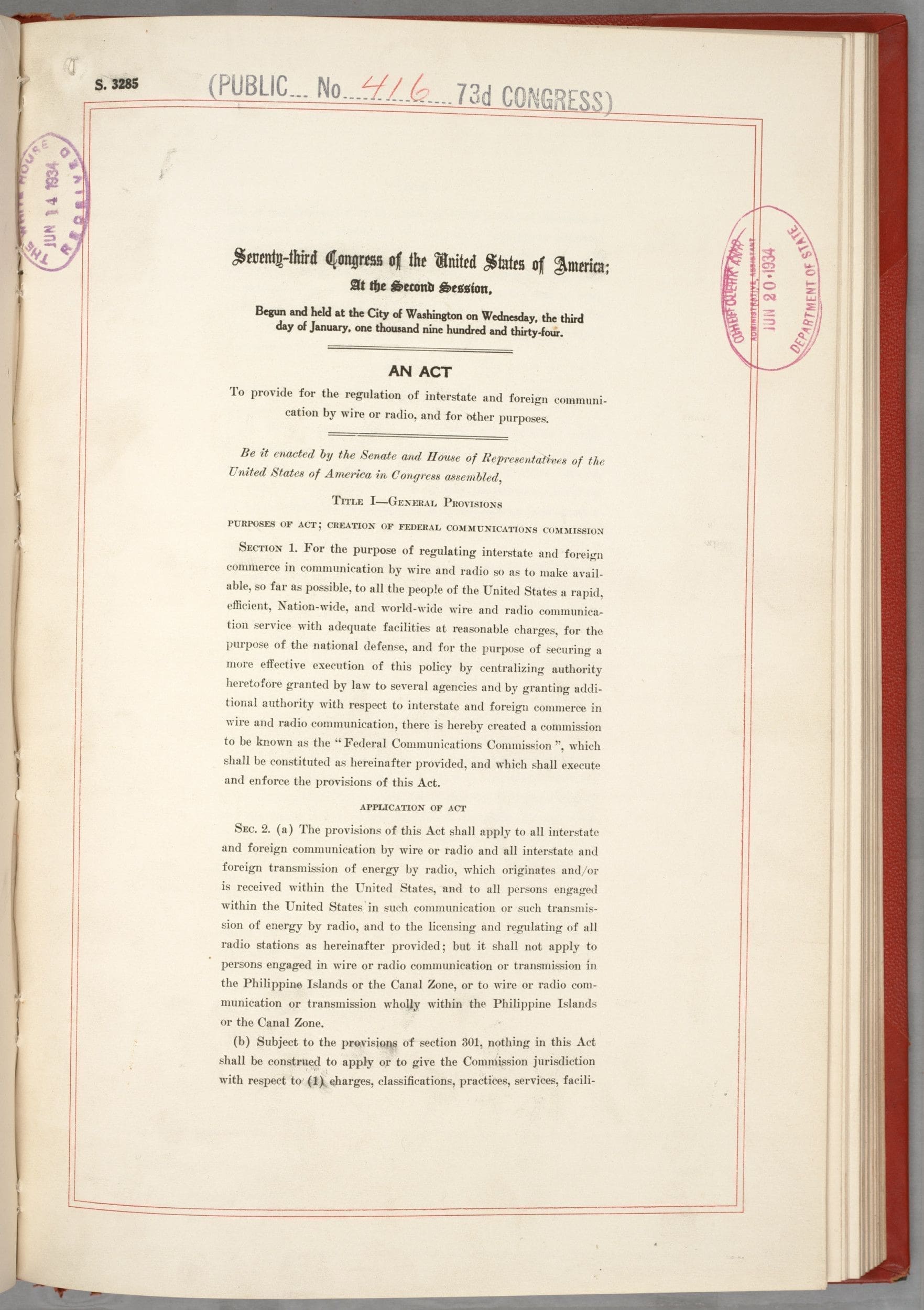 Act of June 19, 1934 (Federal Communications Commission Act), Public ...