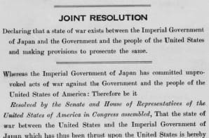 Joint Resolution December 8, 1941, Public Law 77-328, 55 STAT 795 ...