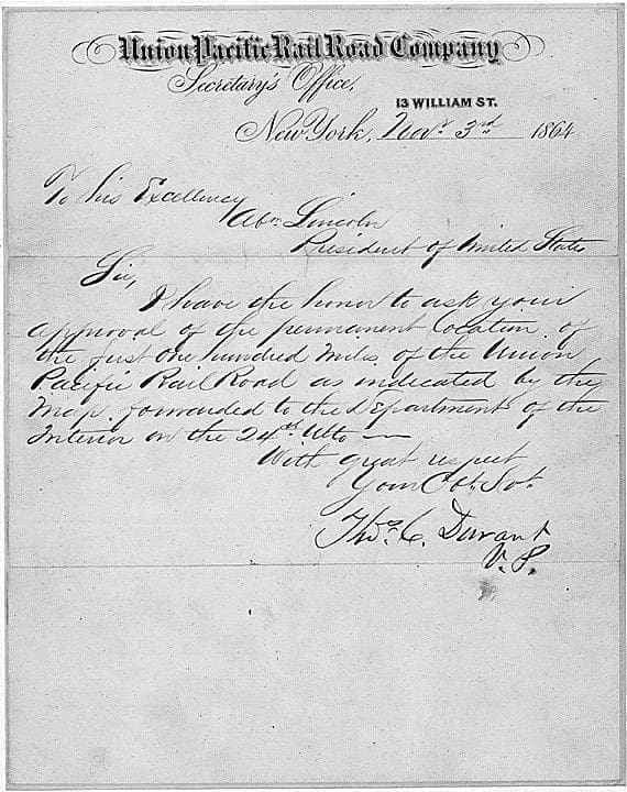 Letter from Thomas Durant, President of the Union Pacific Railroad, to ...