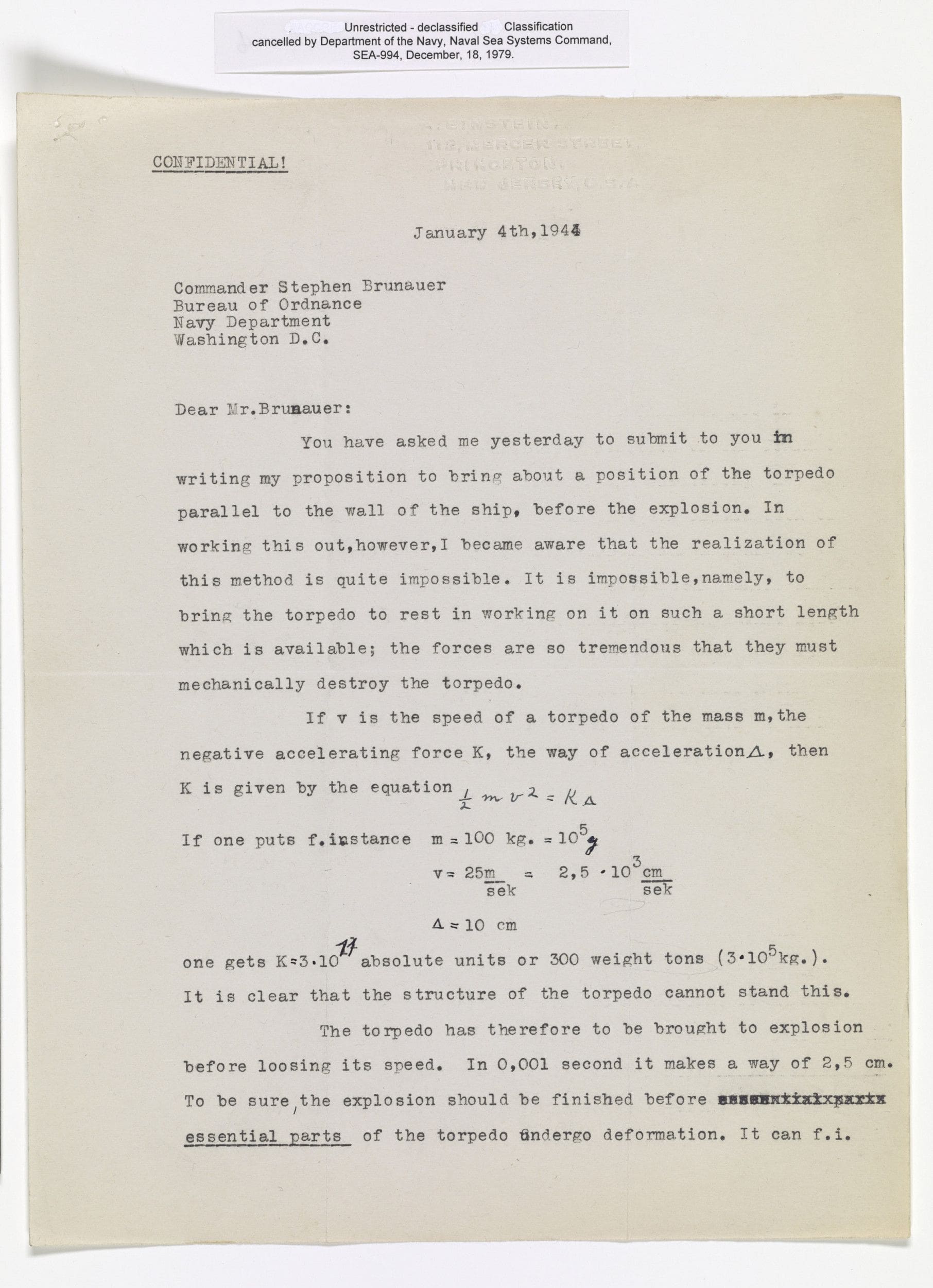 Letter of Albert Einstein to the Lieutenant Stephen Brunauer, U.S. Navy ...