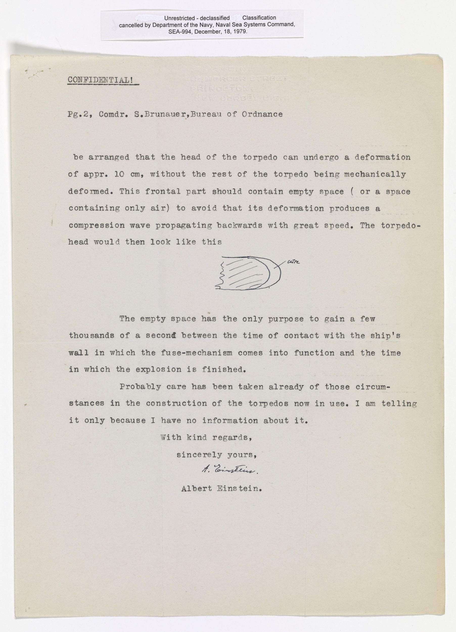 Letter of Albert Einstein to the Lieutenant Stephen Brunauer, U.S. Navy ...