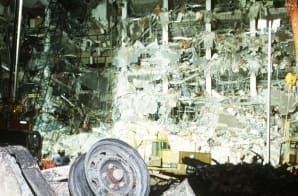 Oklahoma City Bombing. Rescue work continues into the night under the ...