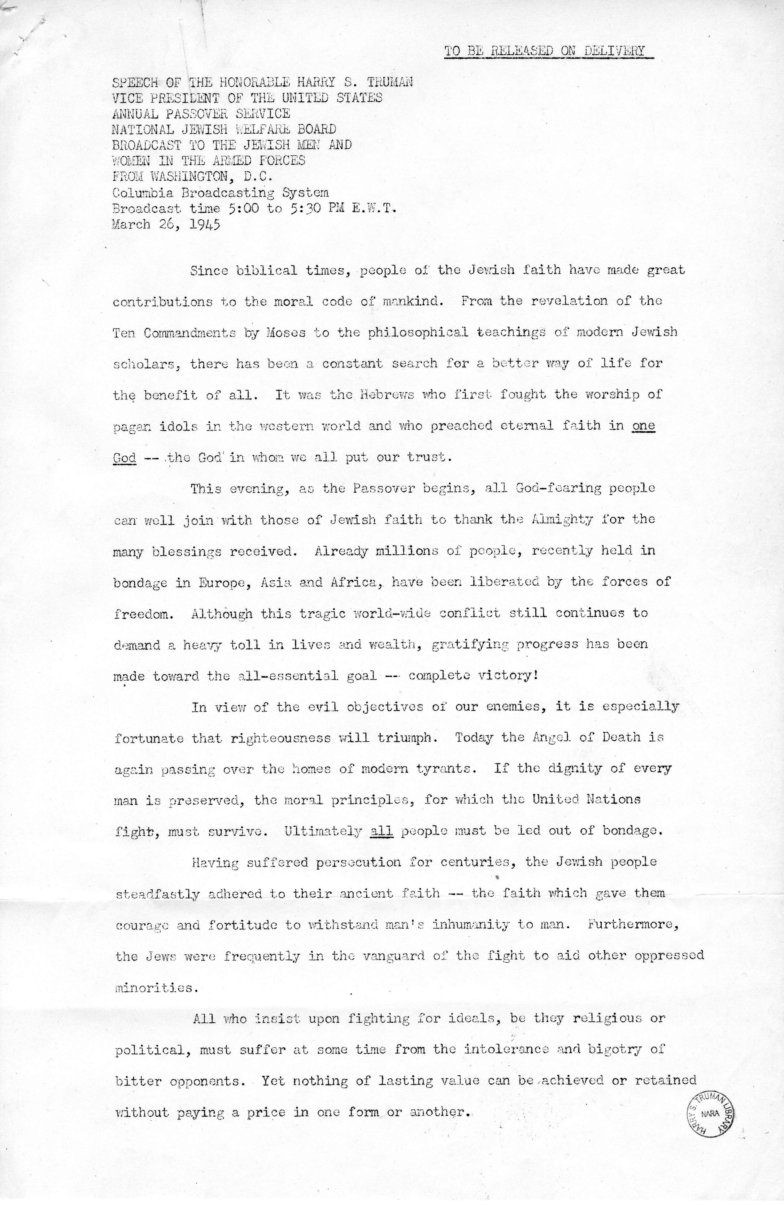 Press Release of Radio Speech of Vice President Harry S. Truman, Annual ...