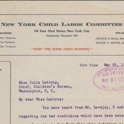 Letter to Miss Julia Lathrop, Chief of the Children's Bureau, from ...