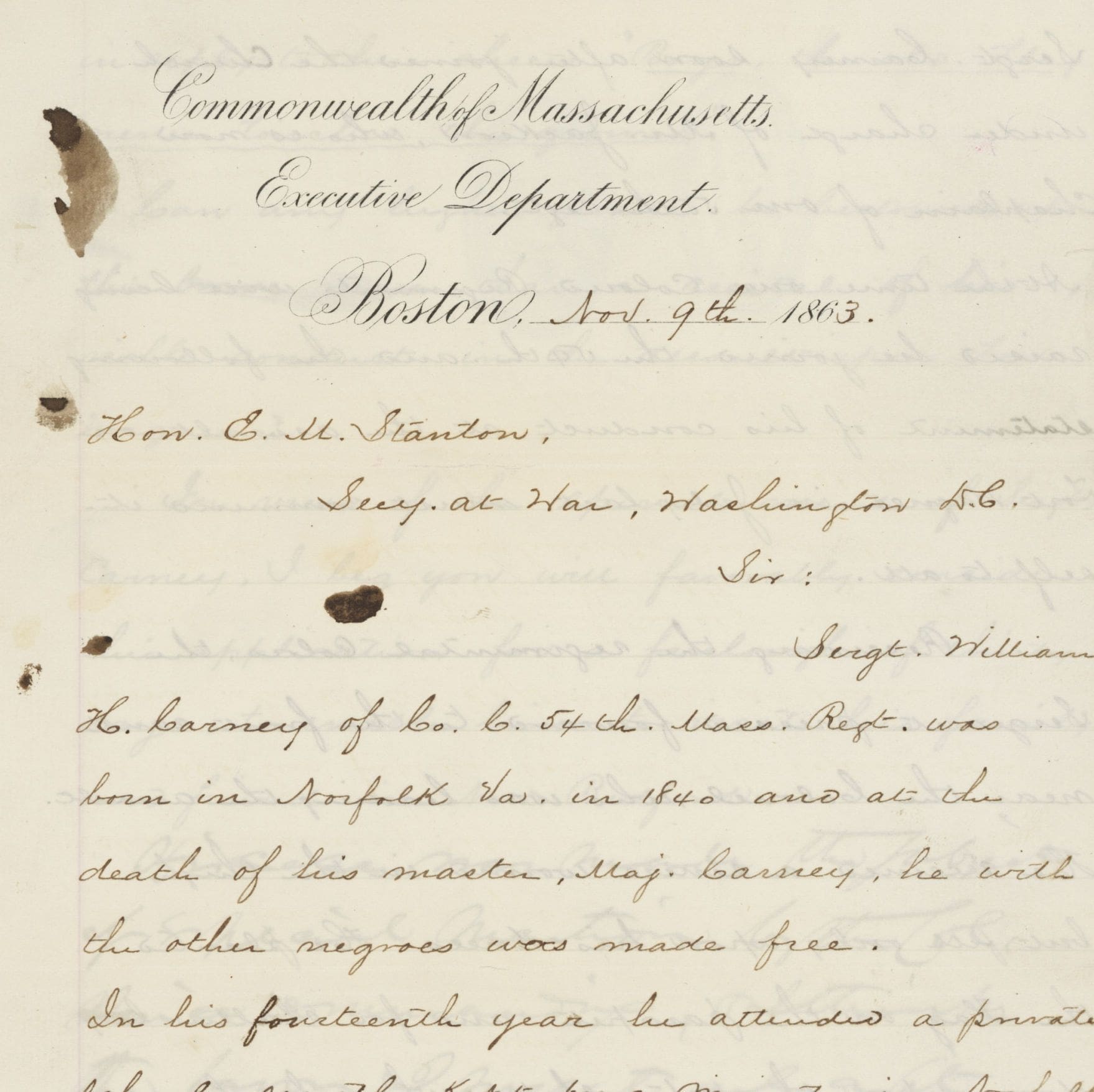 Letter from Governor John Andrew of Massachusetts to the Secretary of ...