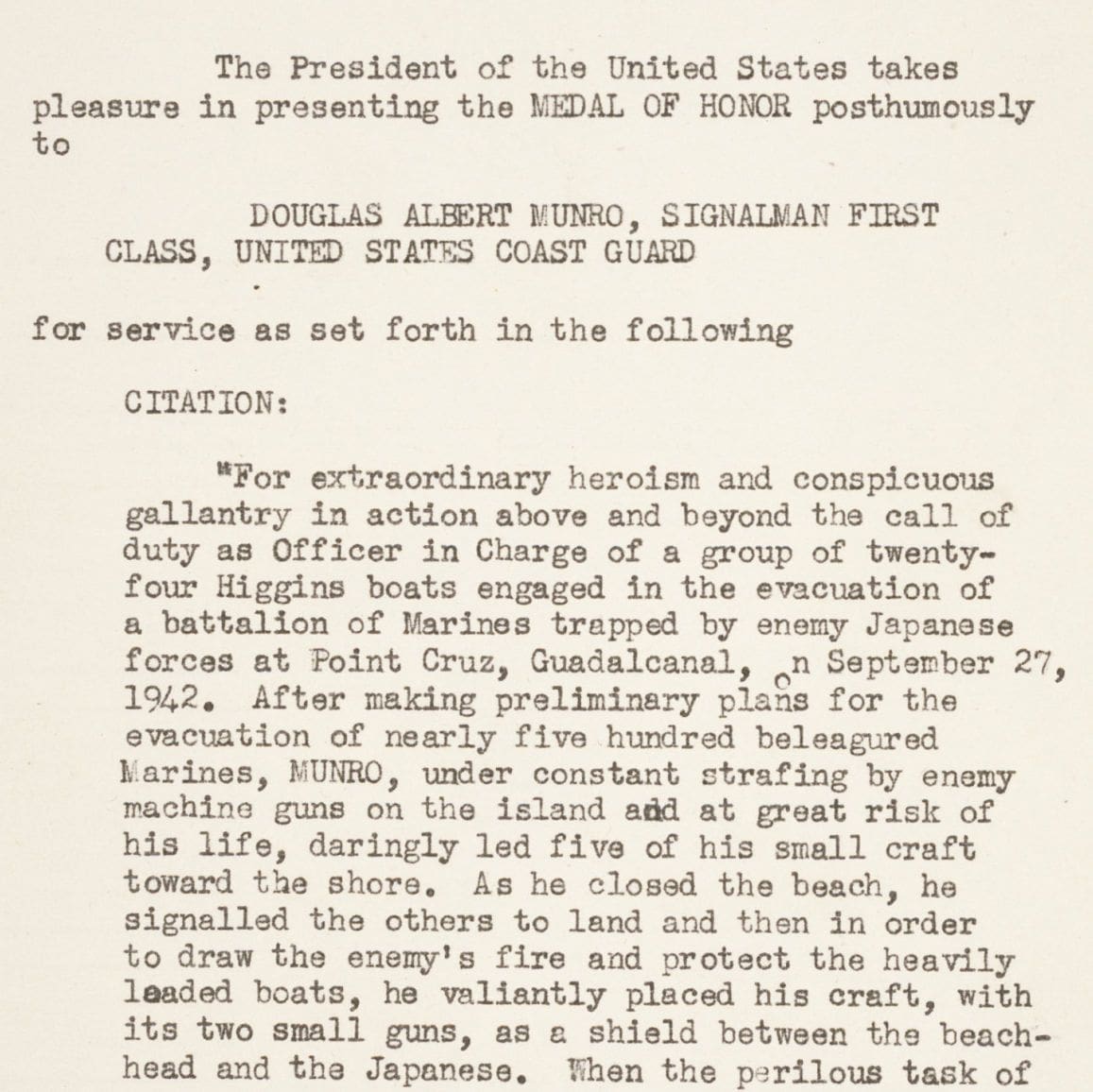 Citation Awarding the Medal of Honor to Douglas Albert Munro - DocsTeach