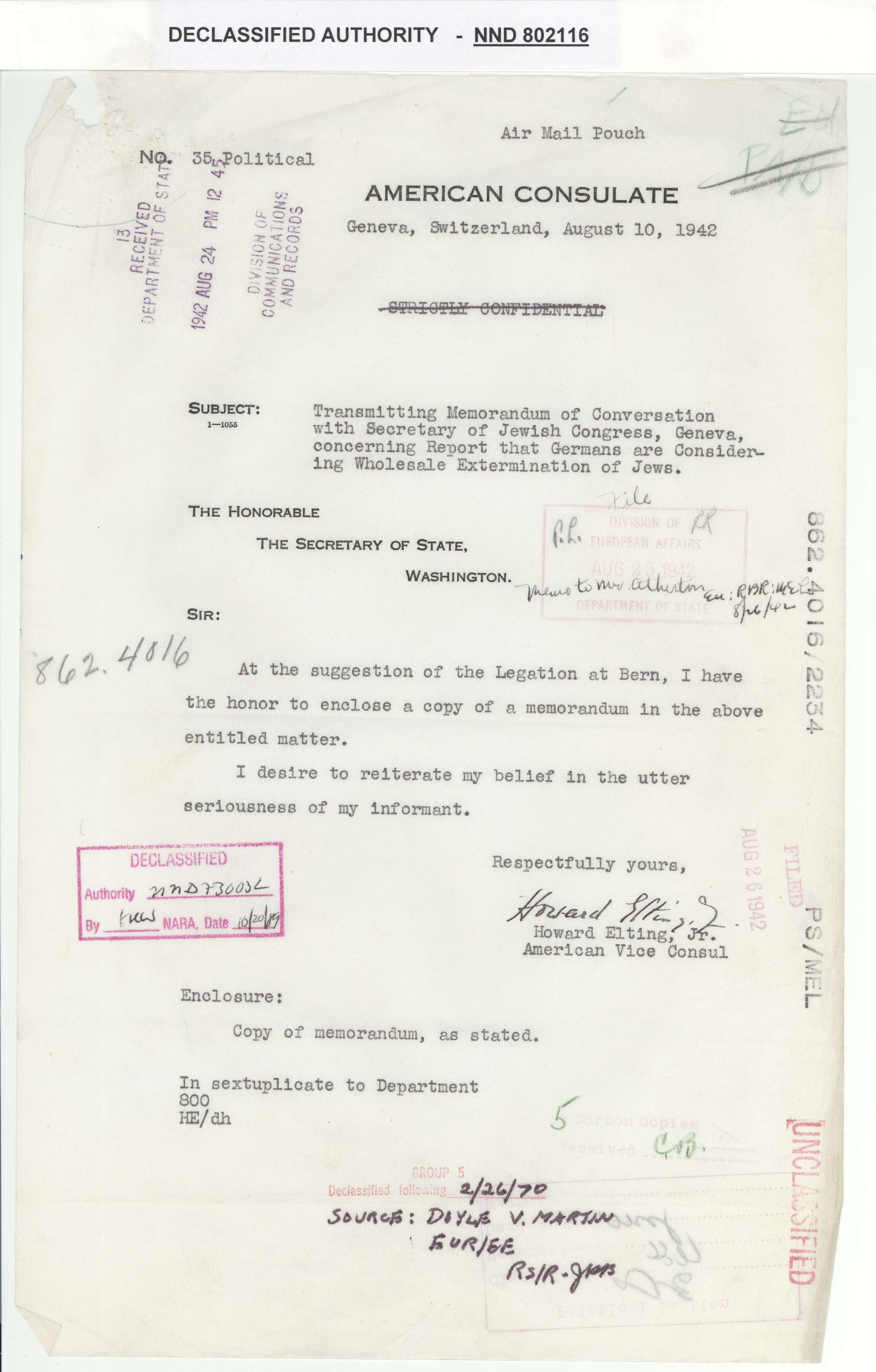 Correspondence from Howard Elting to Secretary of State Cordell Hull ...
