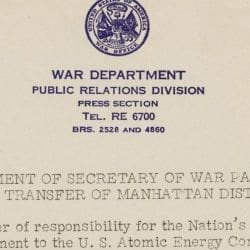 War Department Press Release Announcing the Transfer of the Atomic ...