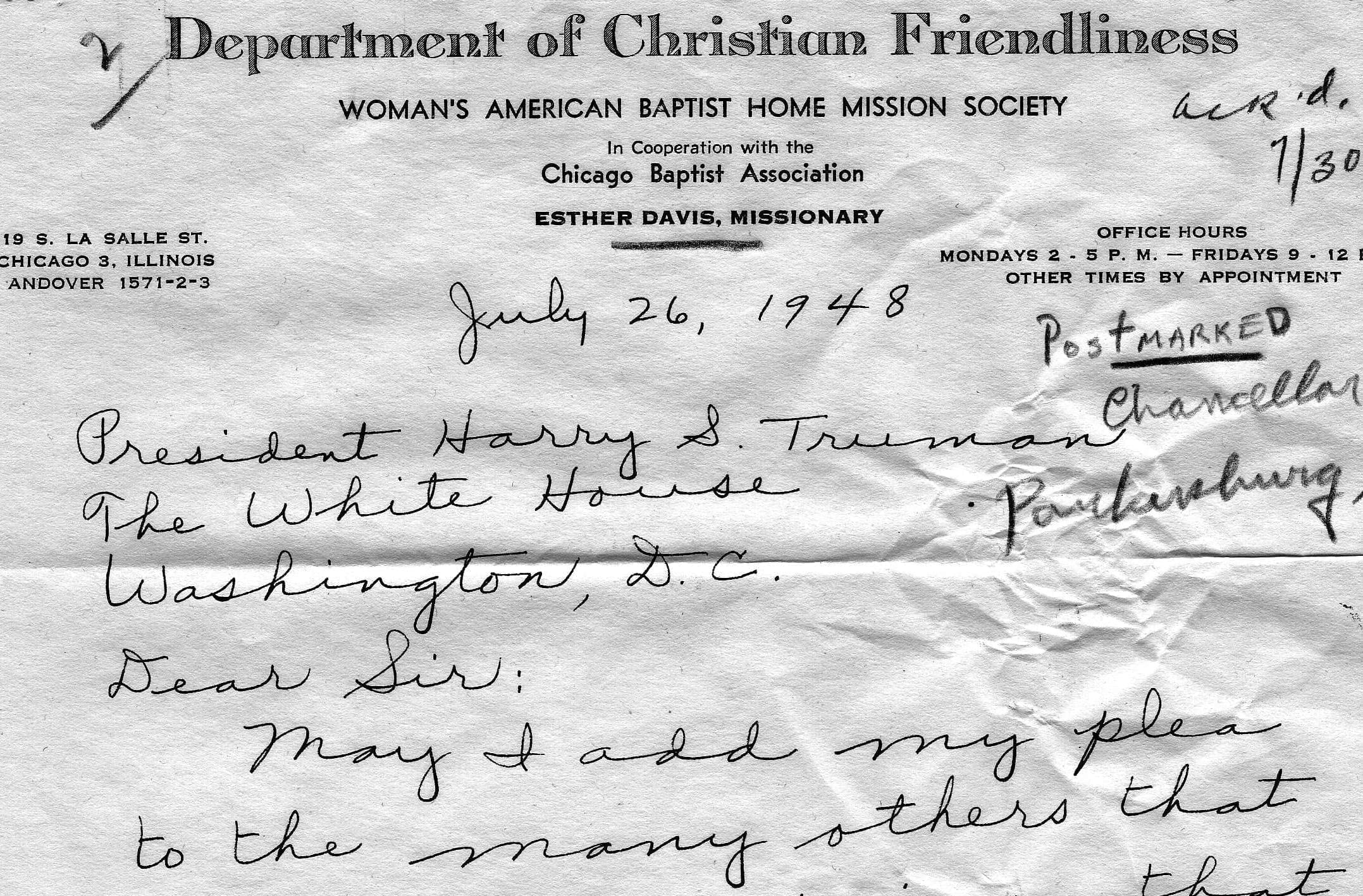 Esther Davis to Harry S. Truman, with reply by Matthew Connelly - DocsTeach